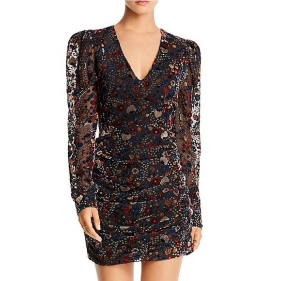 LINI | Dresses | Lini Velvet Floral Puff Sleeve Ruched Mini Dress ...